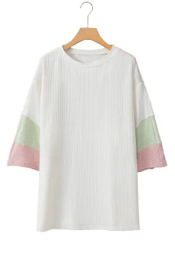 White Textured Colorblock Patchwork Half Sleeve Plus T Shirt