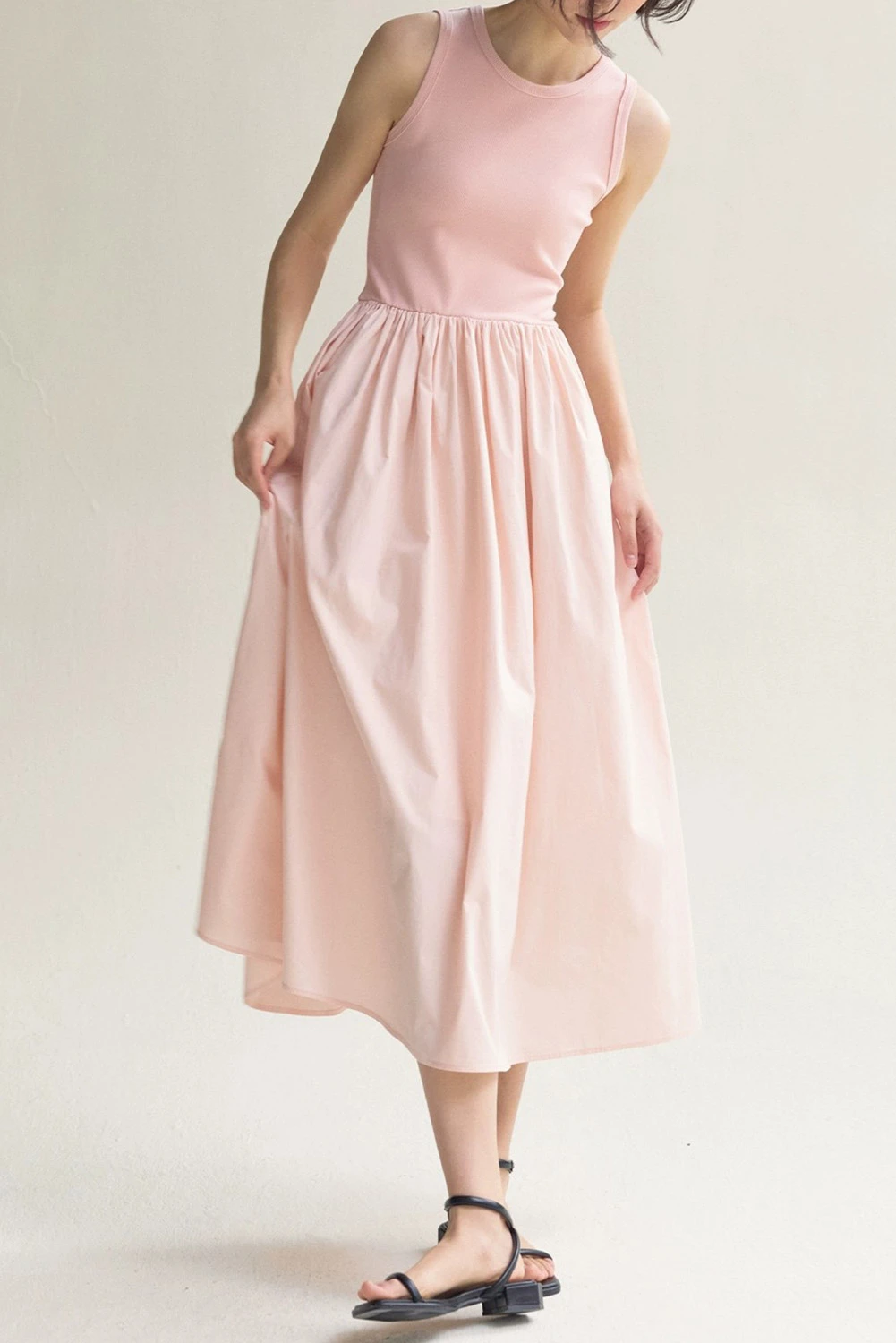 Light Pink Solid Color Knitted Patchwork Sleeveless Midi Dress