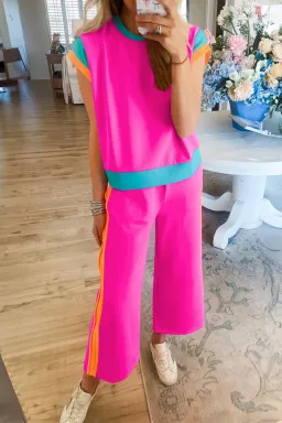 Strawberry Pink Colorblock Cap Sleeve Tee and Wide Leg Pants Set
