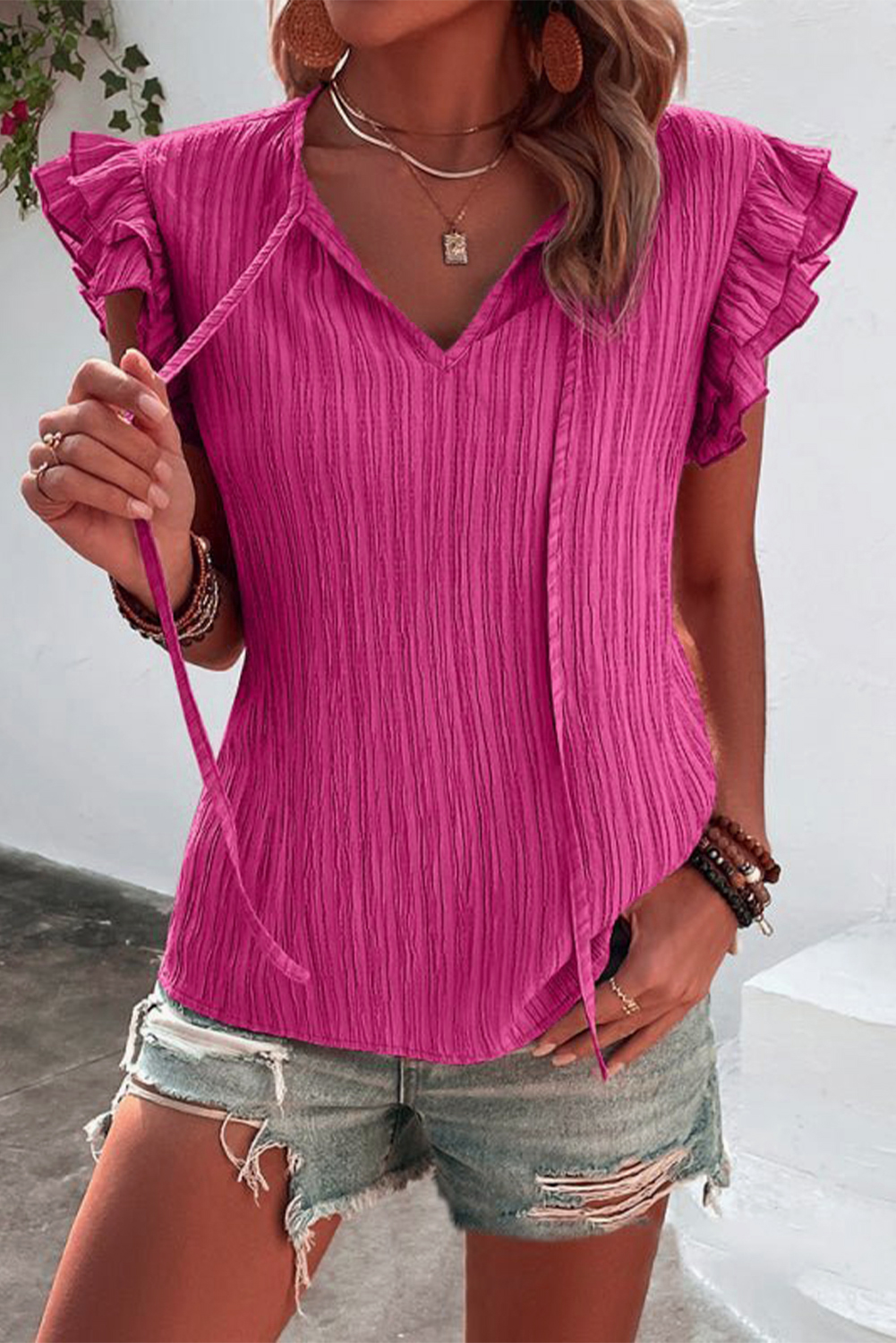 Rose Red Textured Tie Neck Ruffle Sleeve Blouse