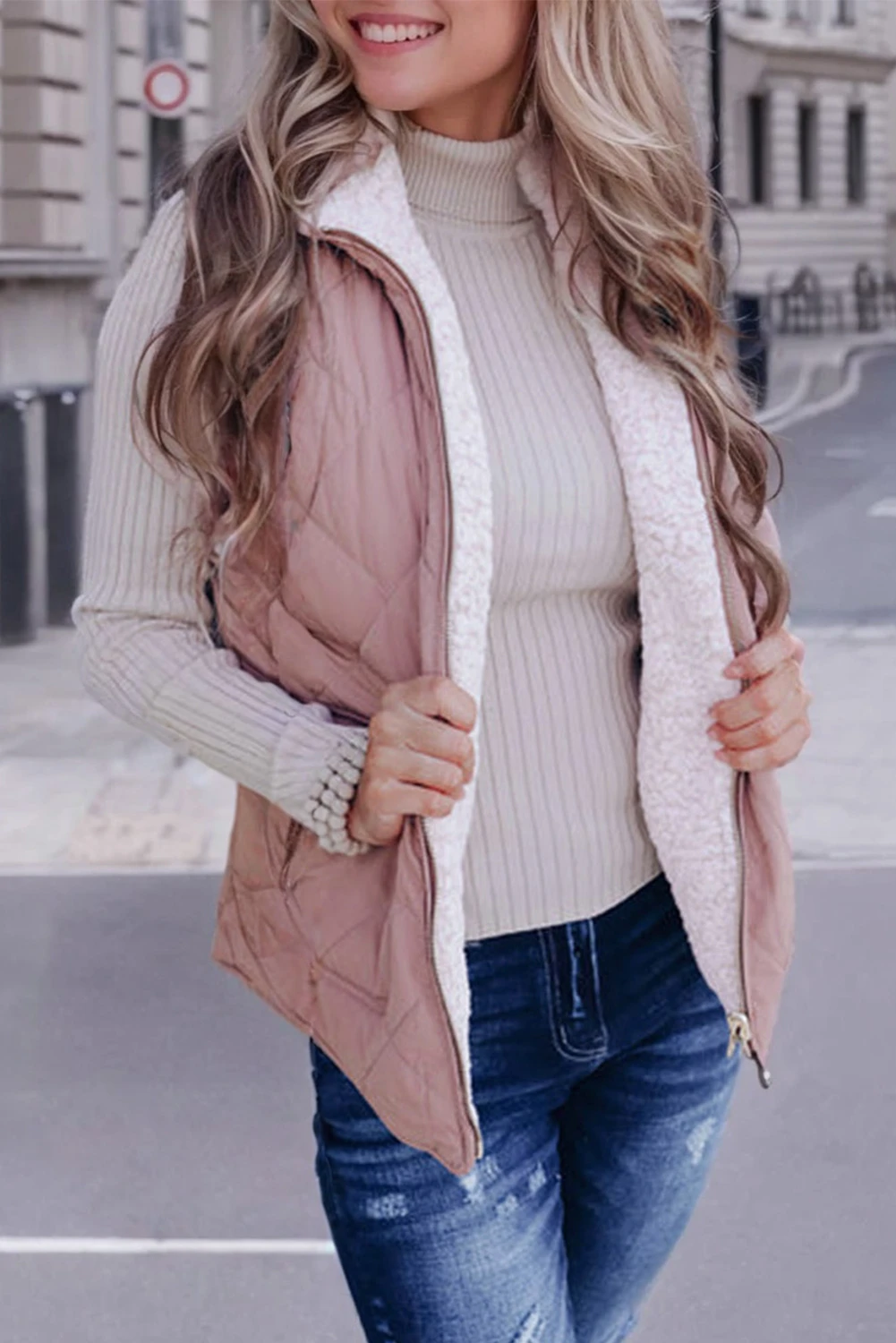 $20.92 Pink Zip Up Fleece Lined Quilted Vest Coat Wholesale - Shewin