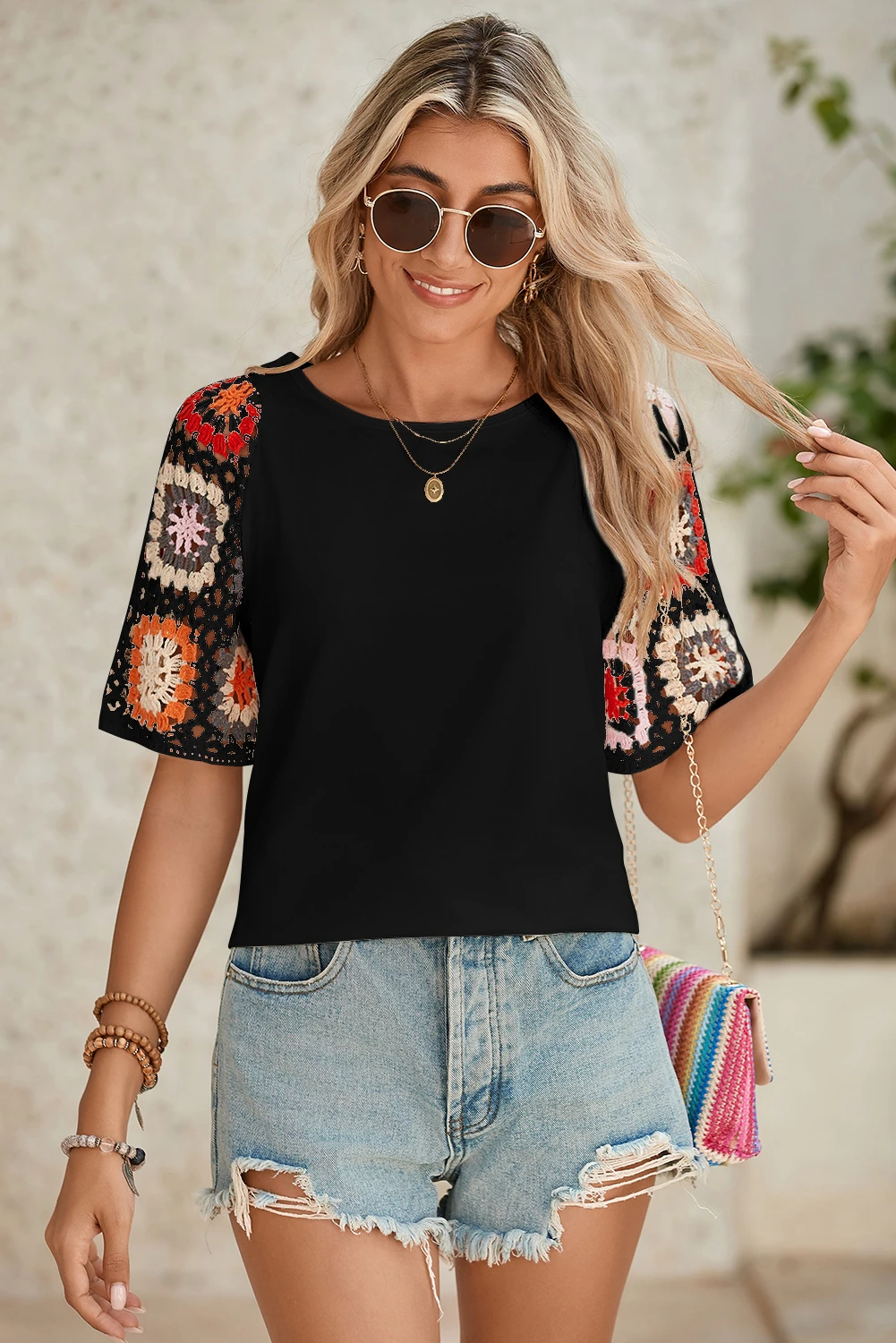 $9.52 Black Floral Hollowed Crochet Sleeve Boho T Shirt Wholesale - Shewin