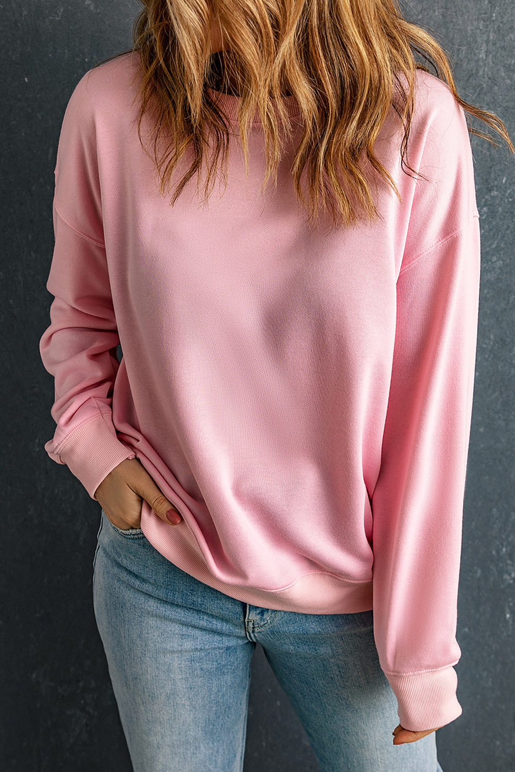 Pink Solid Color Classic Crewneck Pullover Sweatshirt