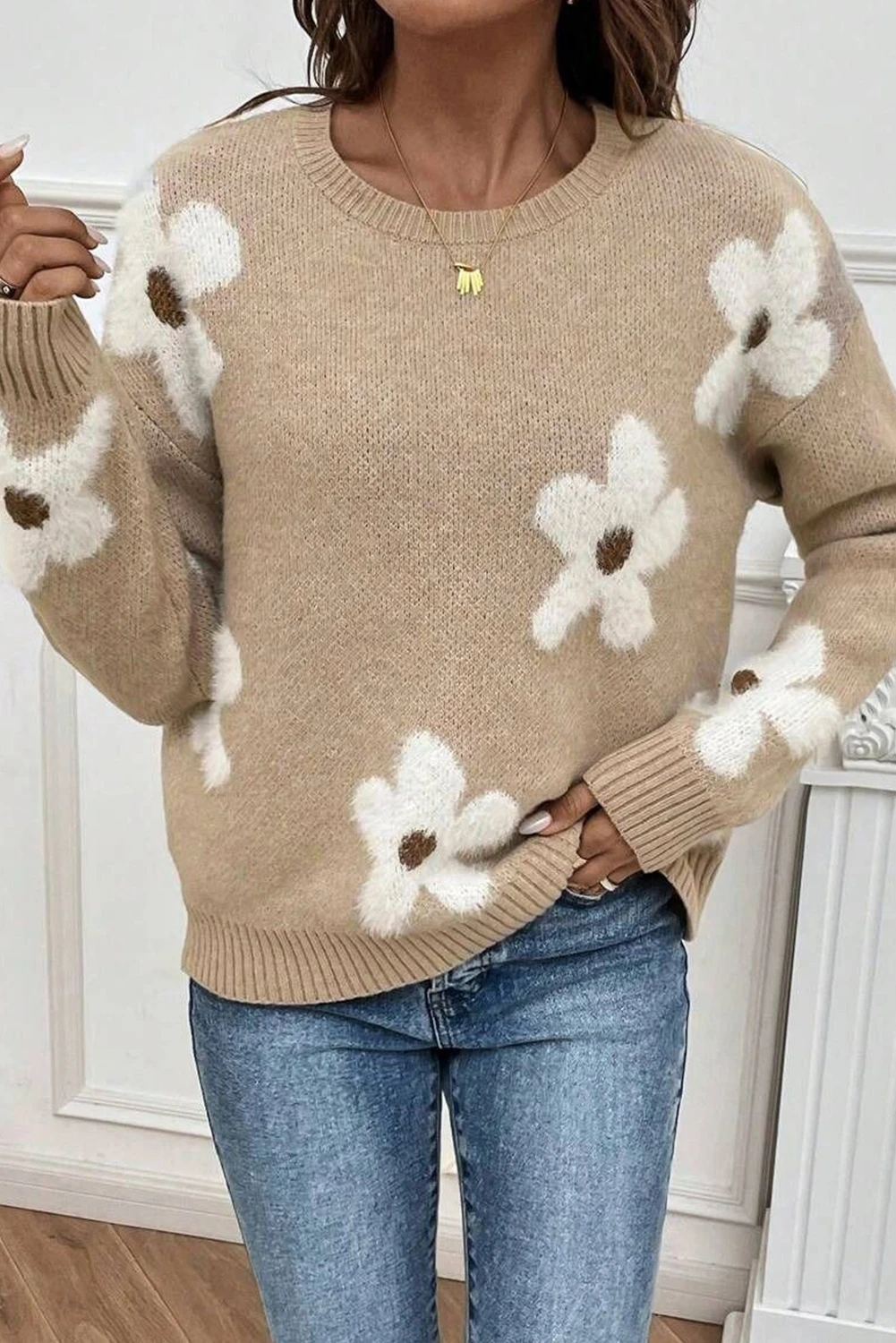 $18.96 Parchment 60s Daisy Flower Knit Sweater Wholesale - Shewin