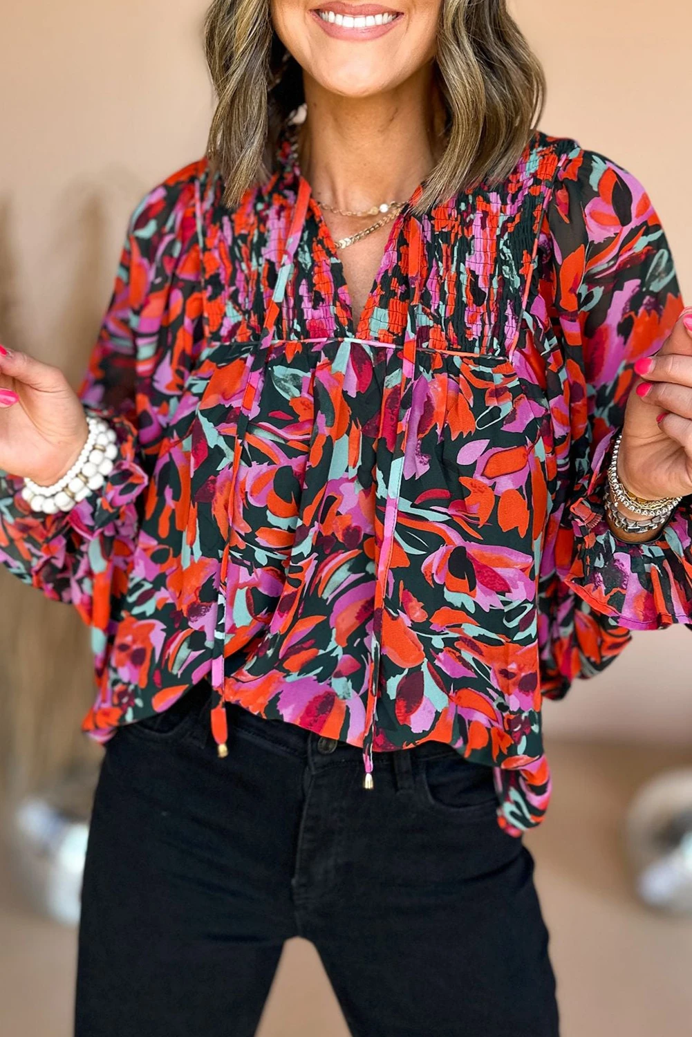 Ruby Floral Shirred V Neck Puff Sleeve Blouse