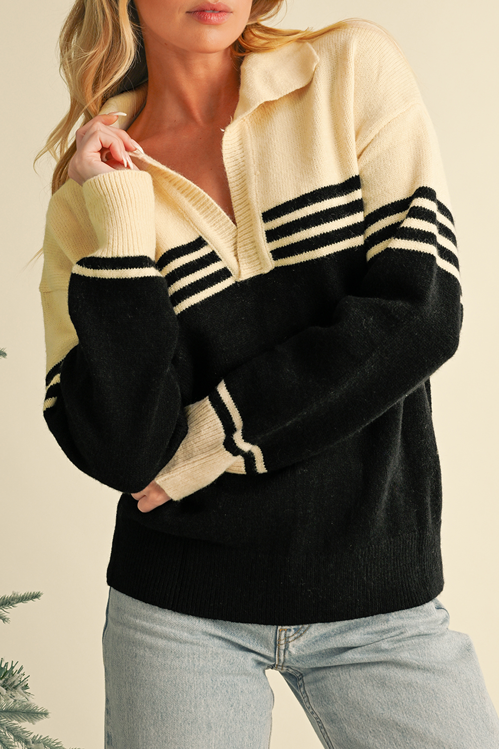$15.68 Black Colorblock Stripe Collared V Neck Sweater Wholesale - Shewin