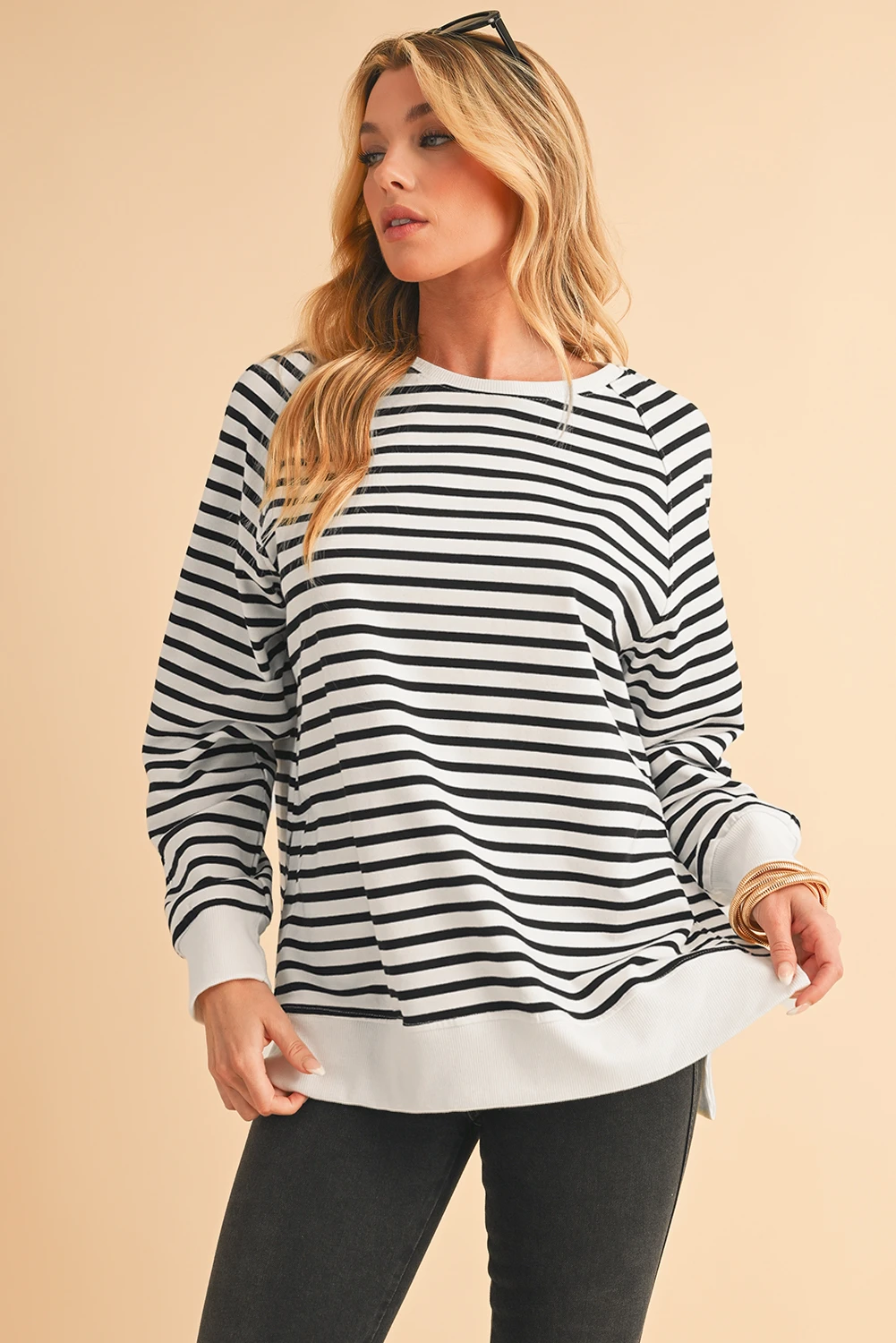 $15.44 Black Stripe Raglan Sleeve Loose Split Sweatshirt Wholesale - Shewin