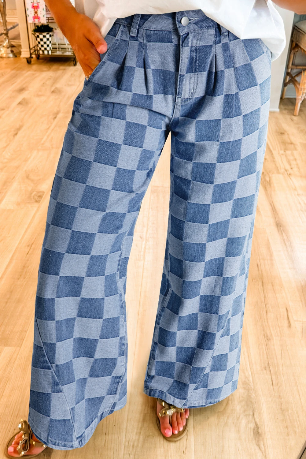 $19.36 Dusk Blue Checkered Light Washed Wide Leg Jeans Wholesale - Shewin
