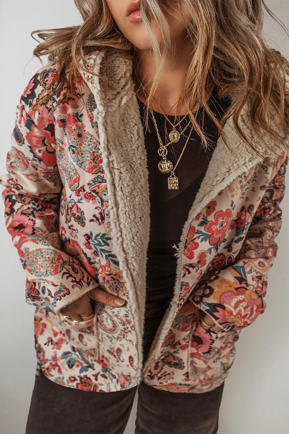 $16.56 Beige Vintage Paisley Floral Printed Sherpa Lined Hooded Jacket Wholesale - Shewin