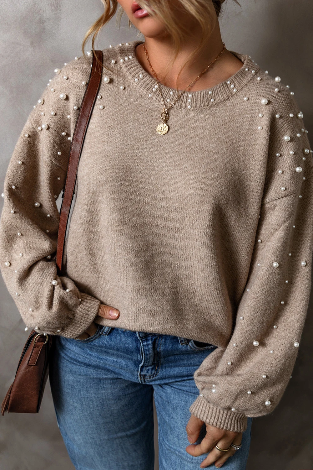 $20.88 Smoke Gray Plus Size Pearl Pullover Sweater Wholesale - Shewin