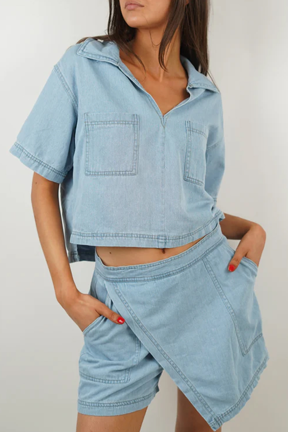 Beau Blue Solid Pocket V-Neck Cowboy Jacket