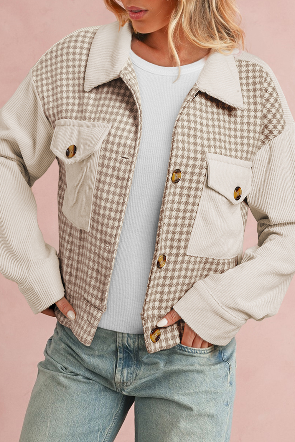 Khaki Houndstooth Patch Pocket Cropped Jacket