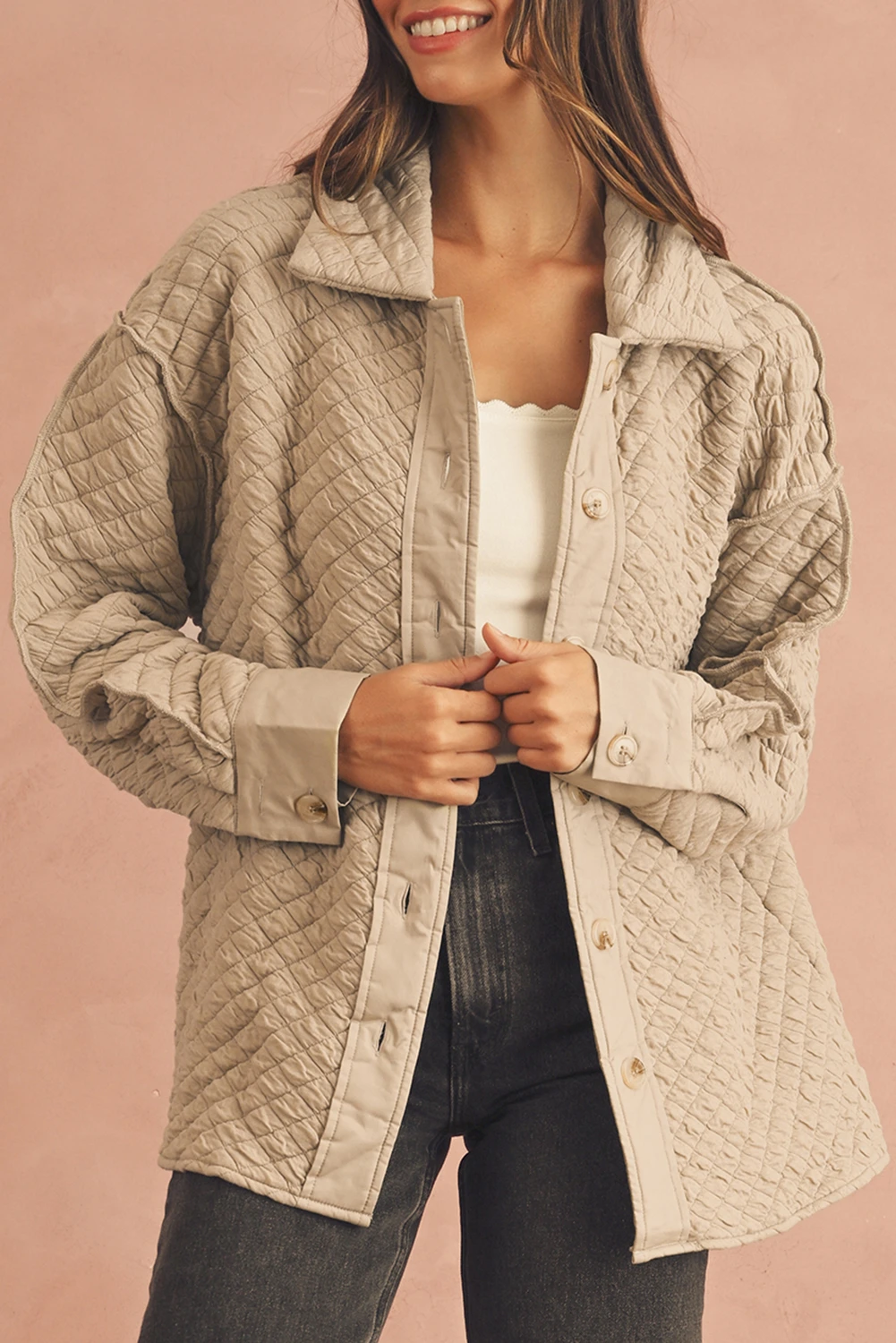 $16.16 Jet Stream Quilted Puffer Buttoned Shacket Wholesale - Shewin
