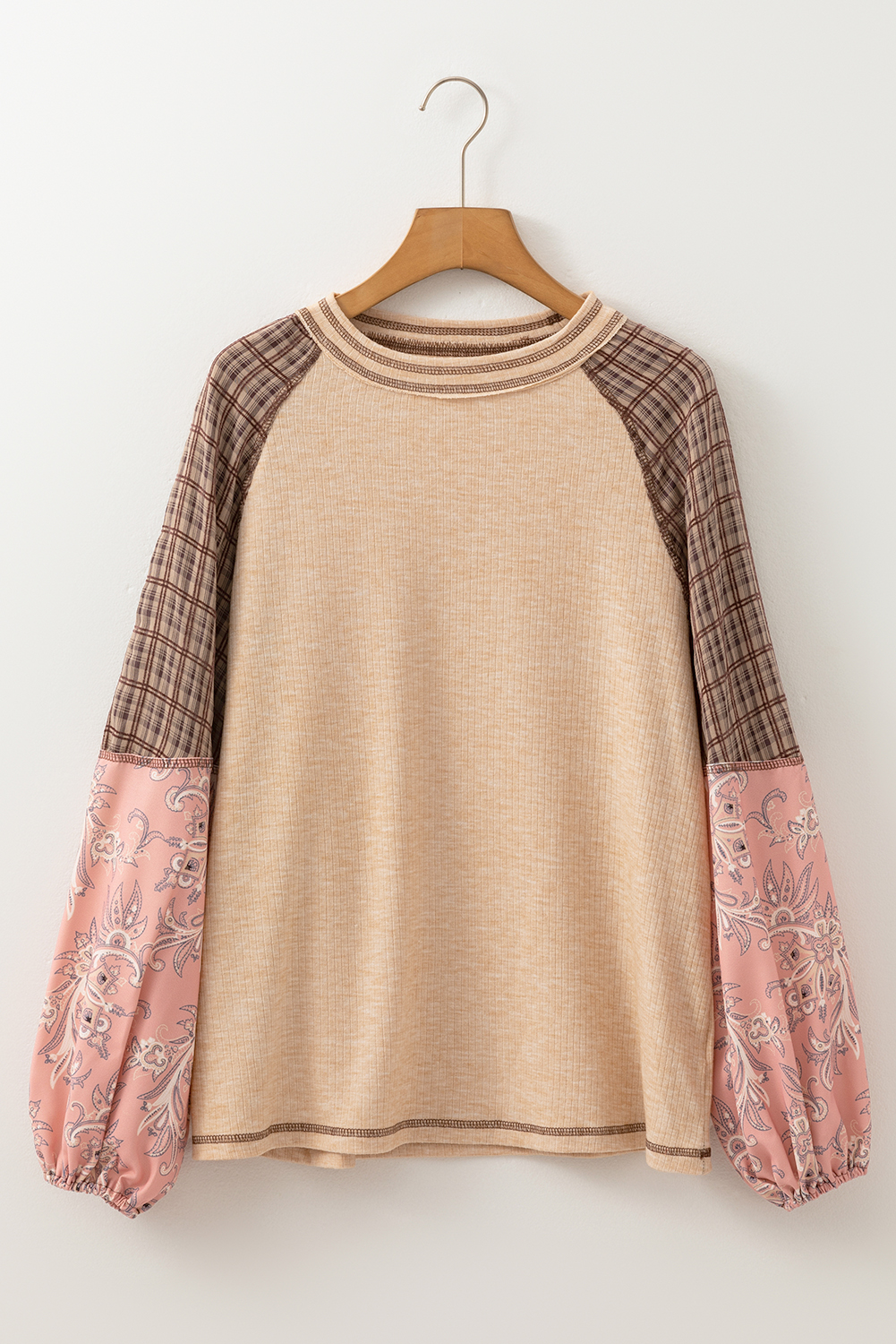 $13.13 Jet Stream Floral Plaid Mixed Print Patchwork Raglan Ribbed Top ...