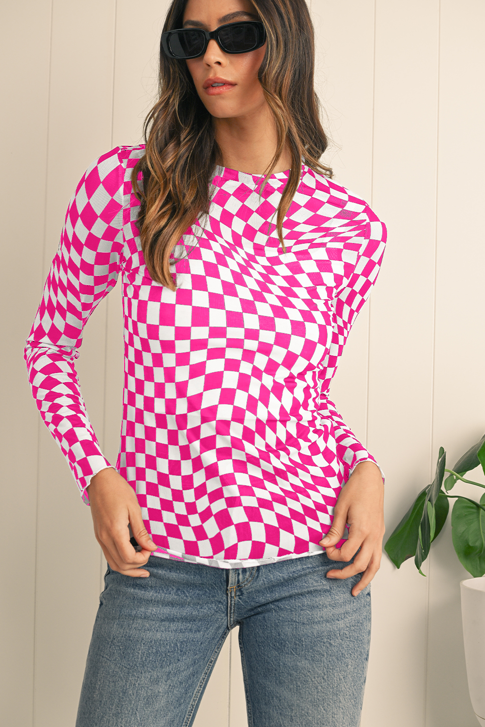 $5.52 Rose Checkered Pattern Mesh Long Sleeve Top Wholesale - Shewin
