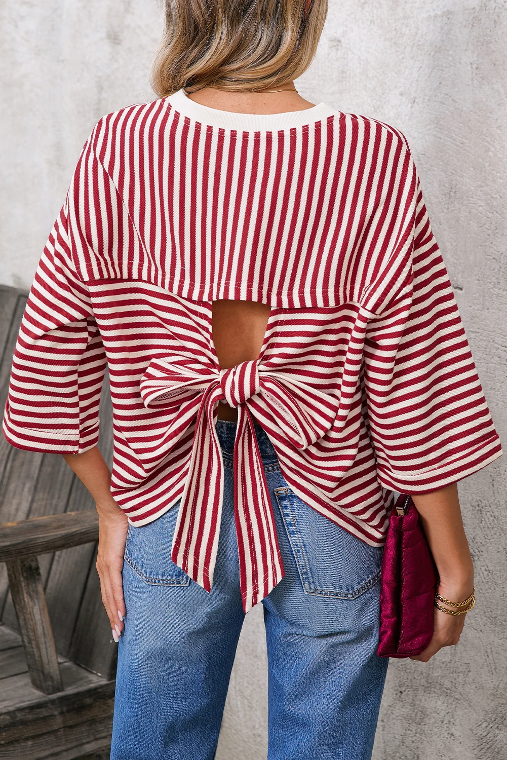 $9.92 Red Striped Bowknot Backless T-Shirt Wholesale - Shewin