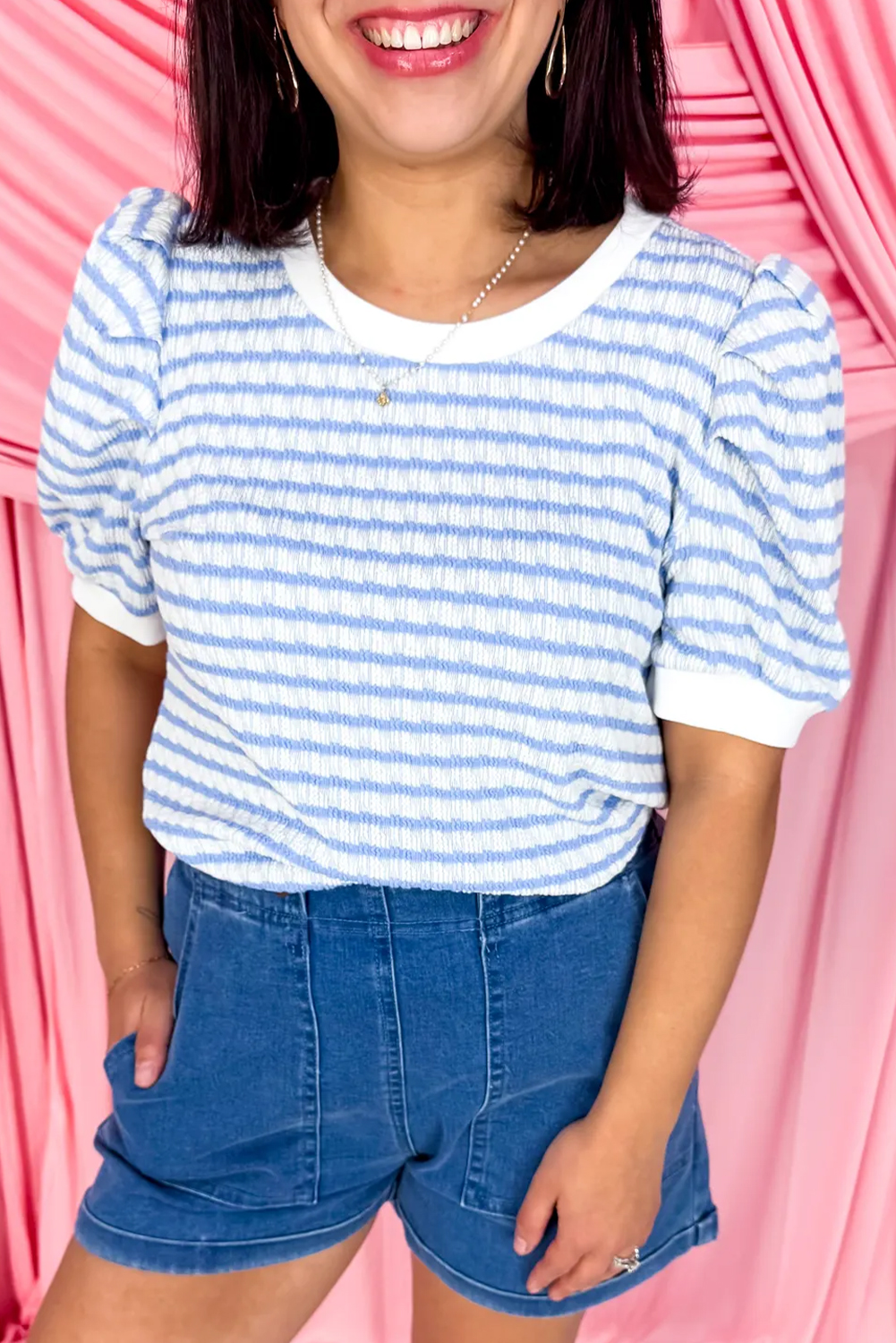 Light Blue Striped Puff Sleeve Round Neck Blouse