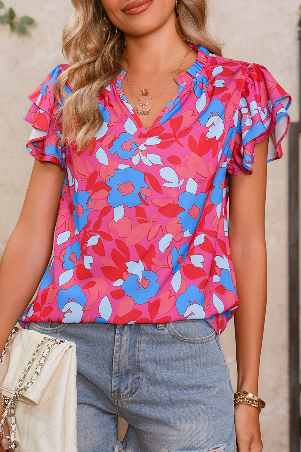 Rose Red Ruffled Sleeve Floral Blouse