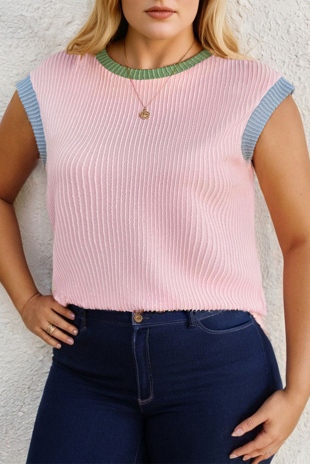 Pink Corded Rib Colorblock Trim Plus Size Tee