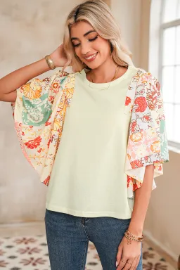$9.59 Beige Floral Patchwork Batwing Sleeve Blouse Wholesale - Shewin