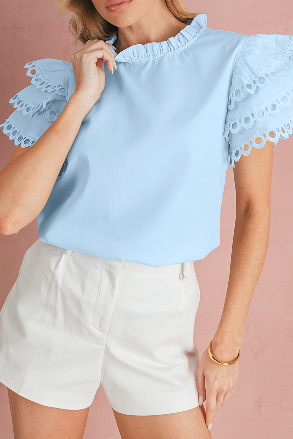 $9.36 Beau Blue Layered Cap Sleeve Frill Neck Blouse Wholesale - Shewin