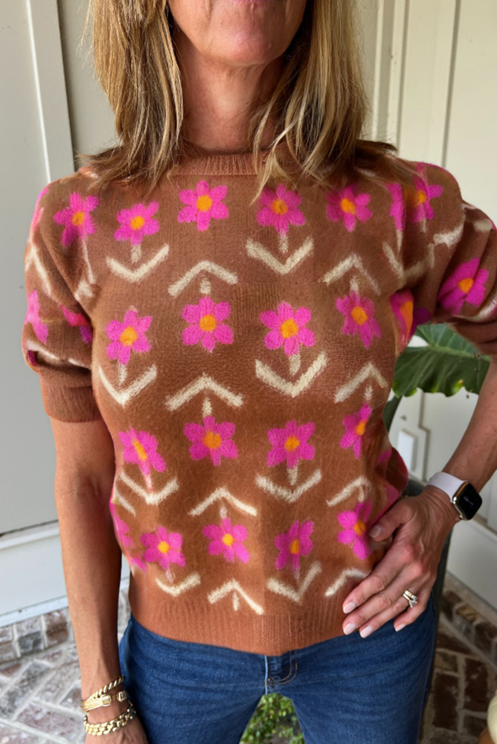 $13.31 Brown Floral Pattern Short Puff Sleeve Sweater Wholesale - Shewin