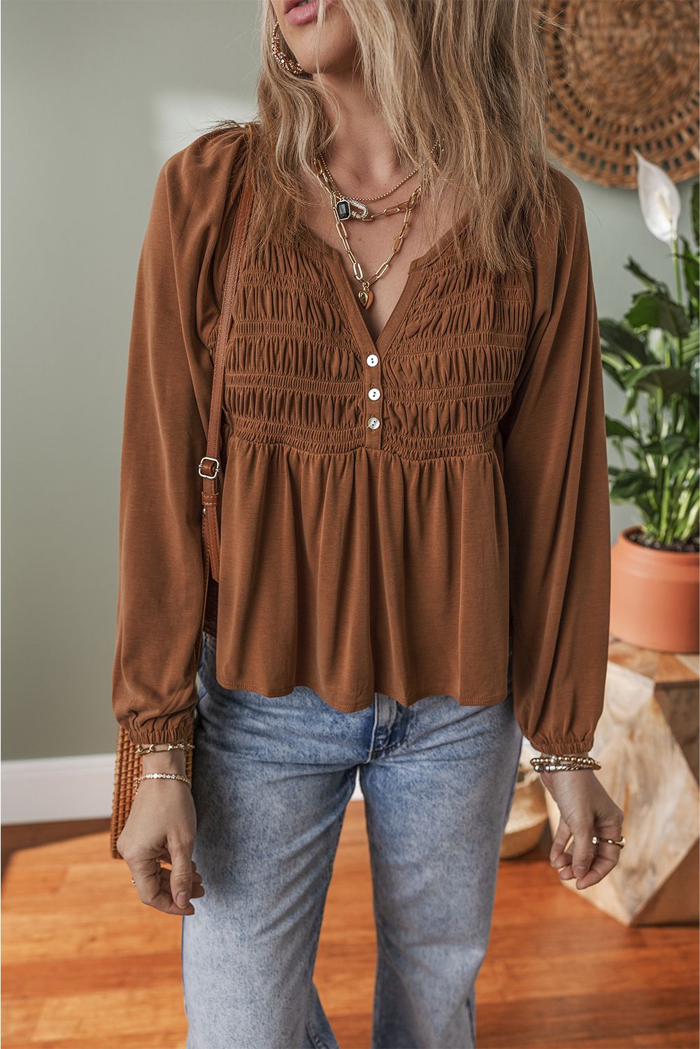 Cinnamon Smocked Bust Buttoned Split V Neck Flowy Blouse