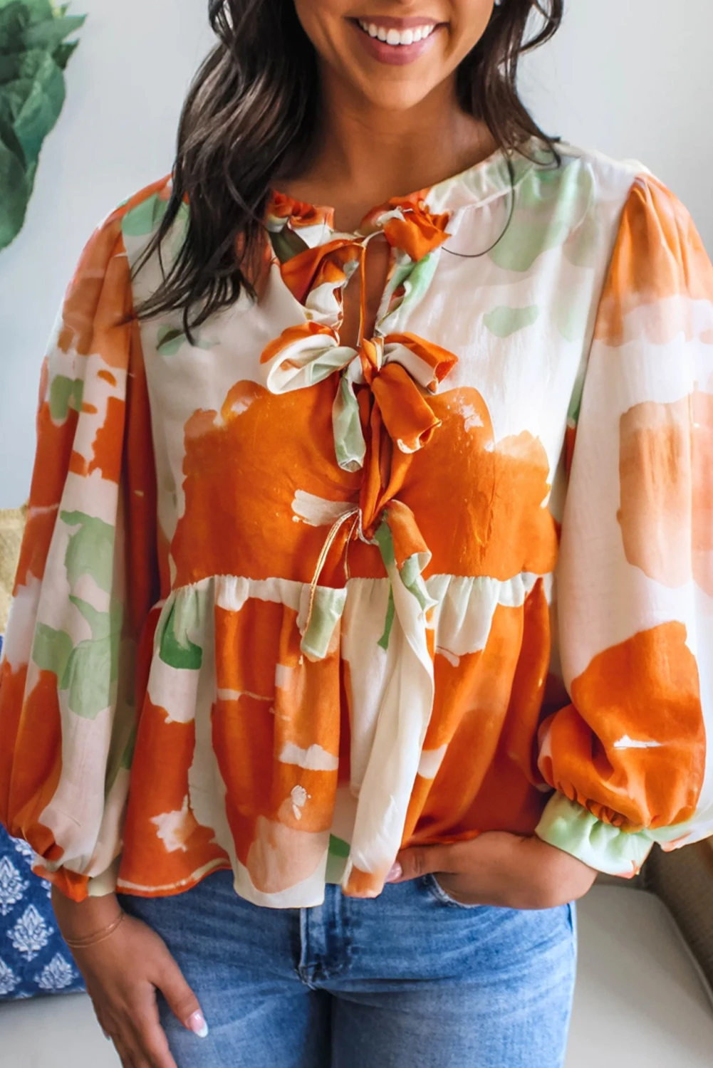 Carrot Abstract Print Bubble Sleeve Bow Front Top