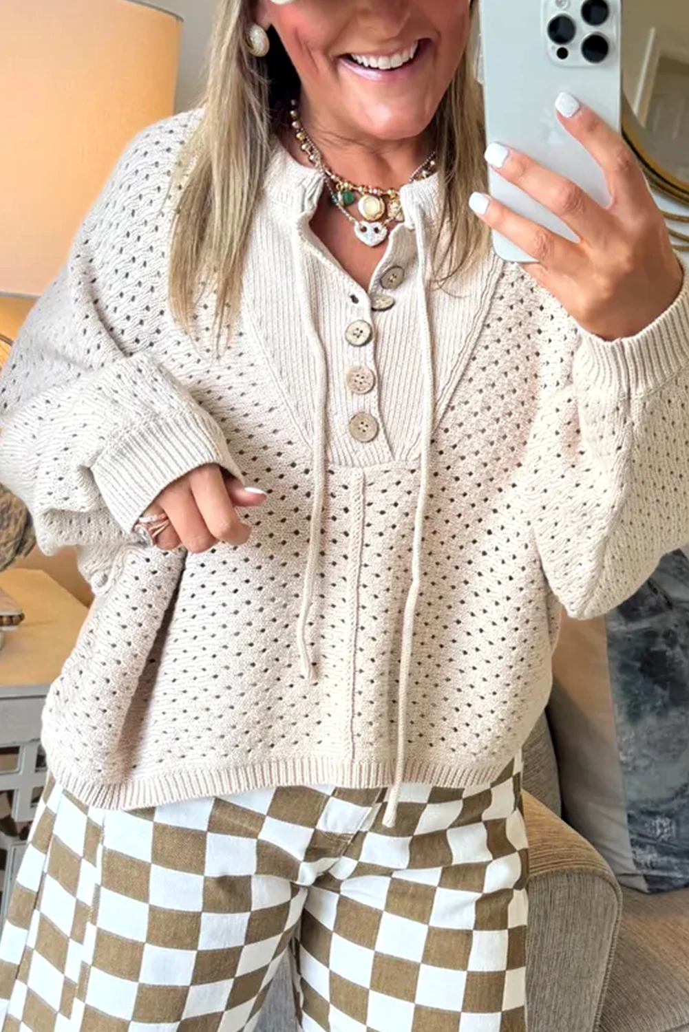 Beige Eyelet Button Front Loose Sweater