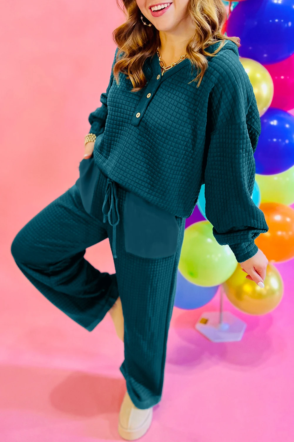 Skobeloff Checkered Texture Hooded Top and Loose Pants Set