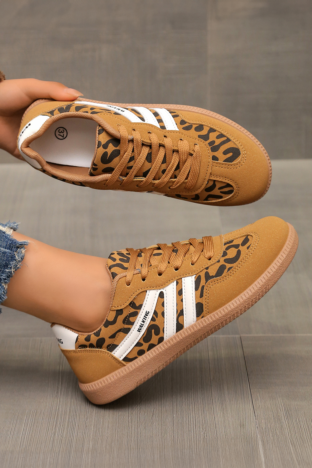 $12.61 Thai Curry PU Leather Leopard Patchwork Contrast Detail Lace-up ...