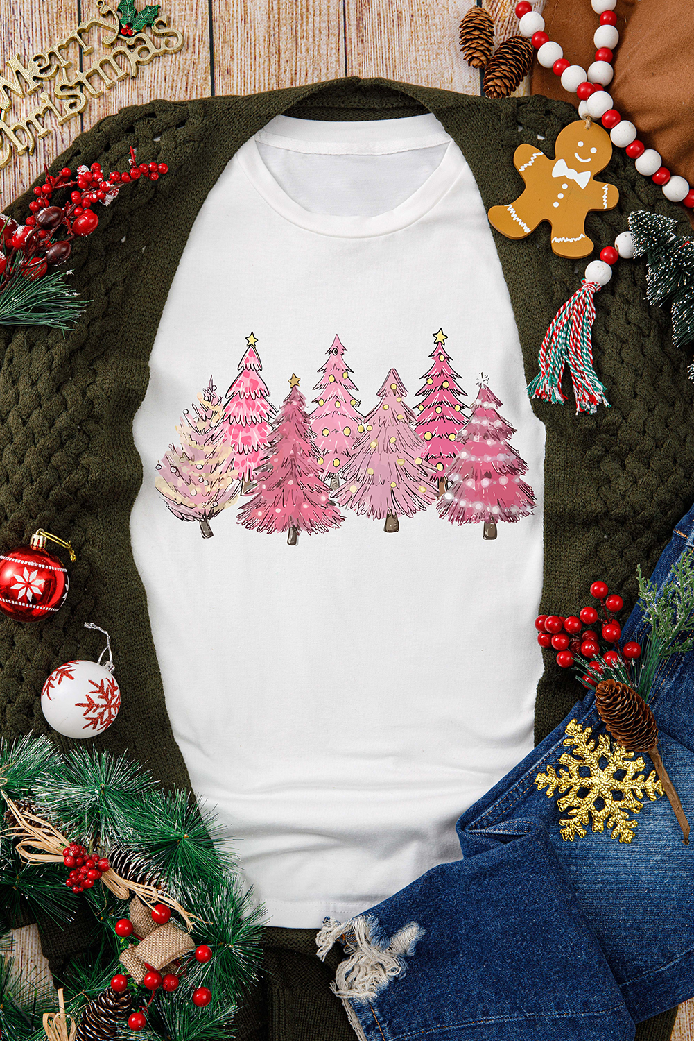 $10.03 White Christmas Trees Heat Transfer Printing Graphic Tee ...