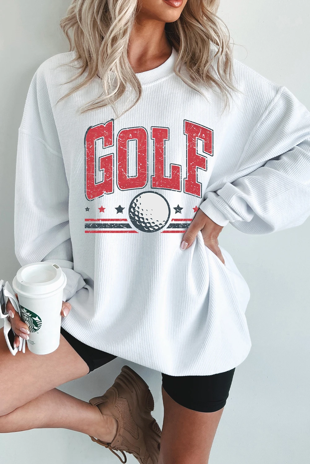 White GOLF Ball Heat Transfer Printing Ribbed Sweatshirt