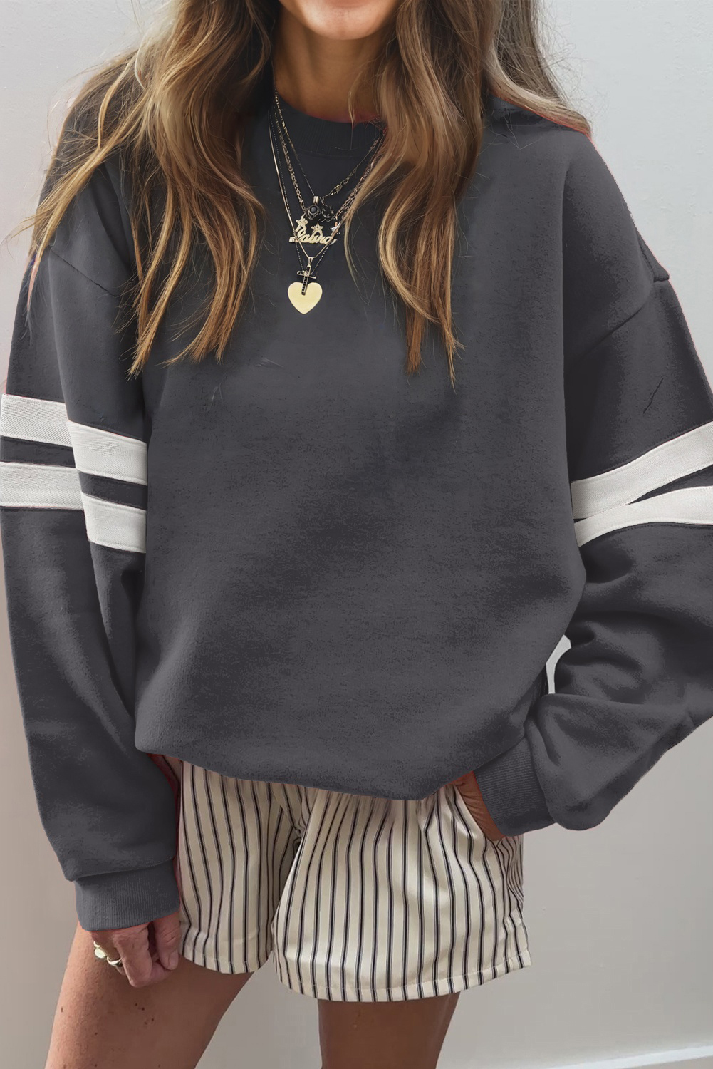 $15.72 Dark Grey Preppy Striped Sleeve Loose Sweatshirt Wholesale - Shewin
