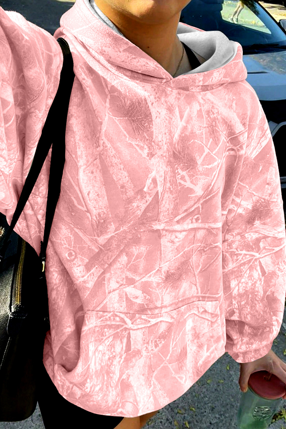 $12.7 Light Pink Camouflage Plant Print Kangaroo Pocket Oversized ...