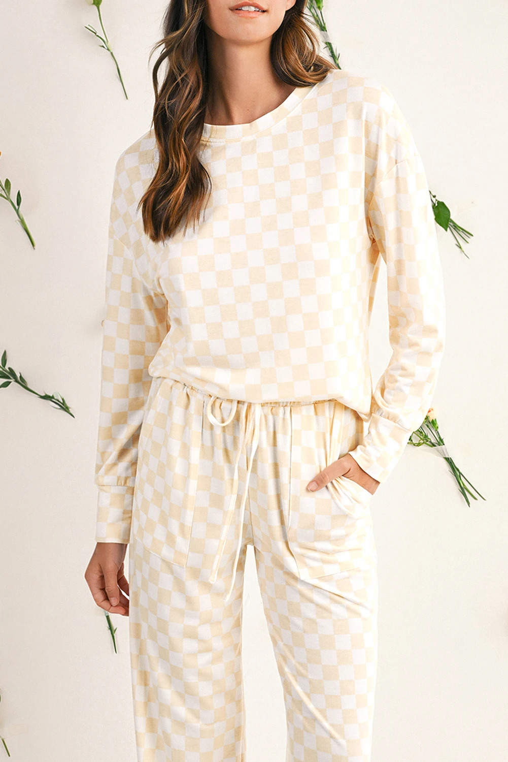 $16.68 Beige Checkered Print Long Sleeve Loose Fit Pajama Set Wholesale ...