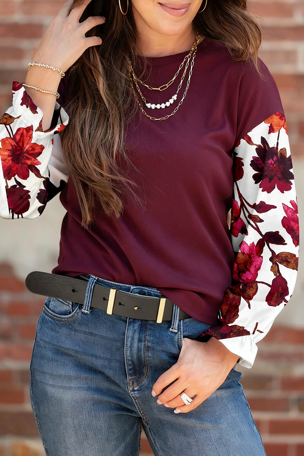$8.62 Wild Ginger Classic Floral Sleeve Patchwork Round Neck Blouse ...