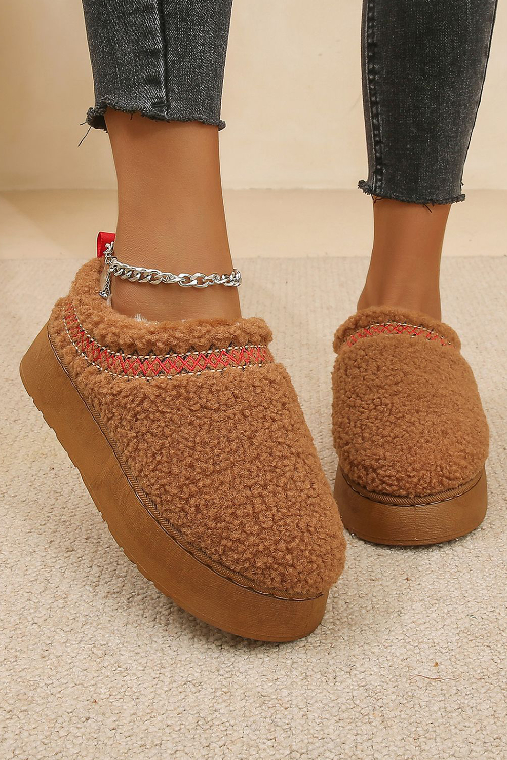 $16.16 Chestnut Contrast Edge Plush Thick Sole Slippers Wholesale - Shewin