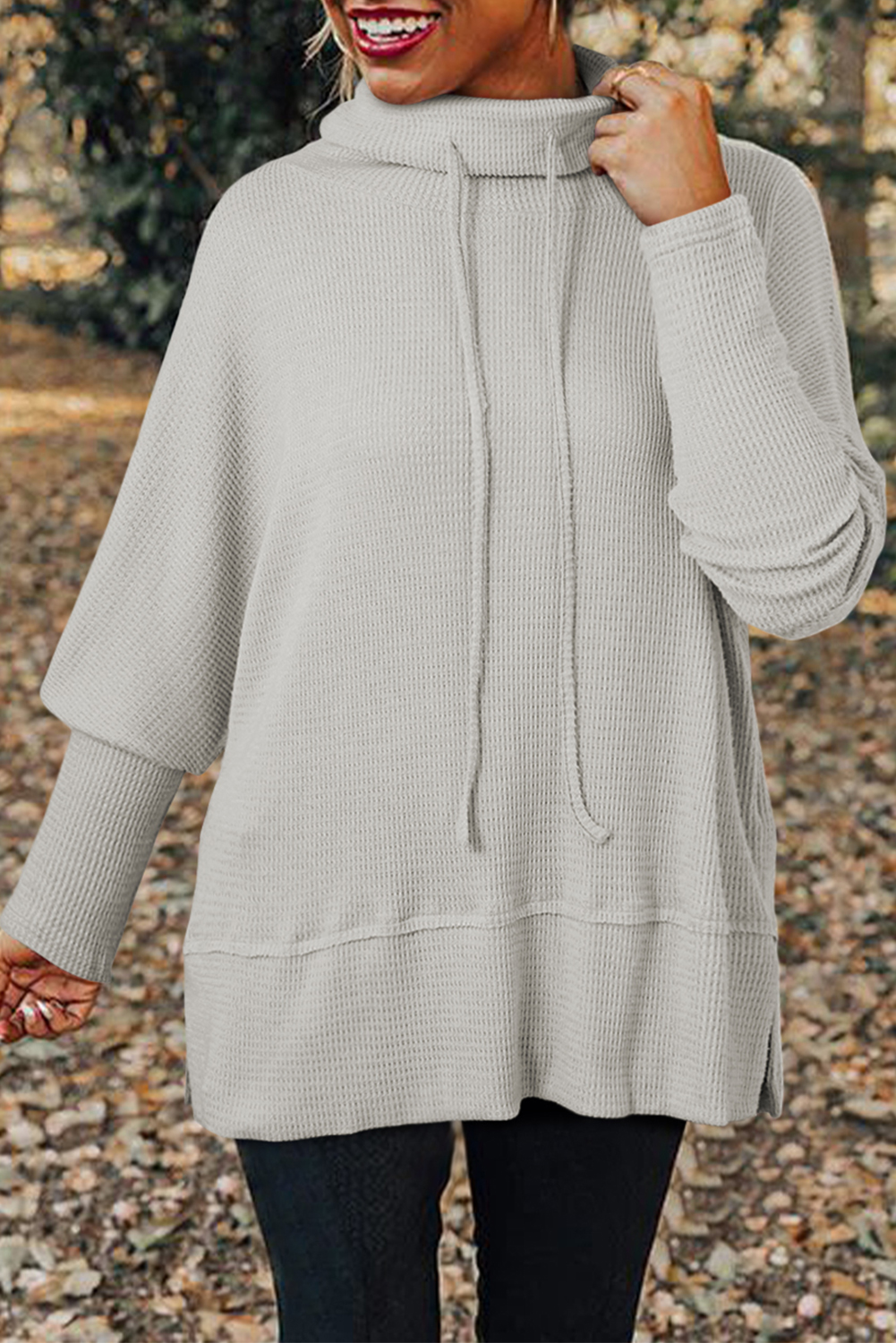 $12.27 Light Grey Textured Knit Drawstring Cowl Neck Oversized Top ...