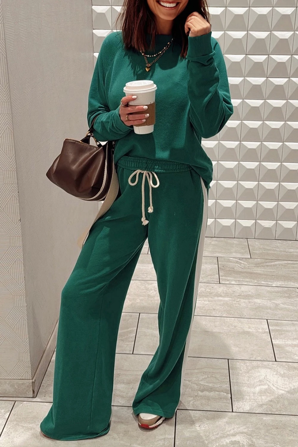 $23.77 Sea Green Solid Color Pullover Top Varsity Stripe Detail Loose ...