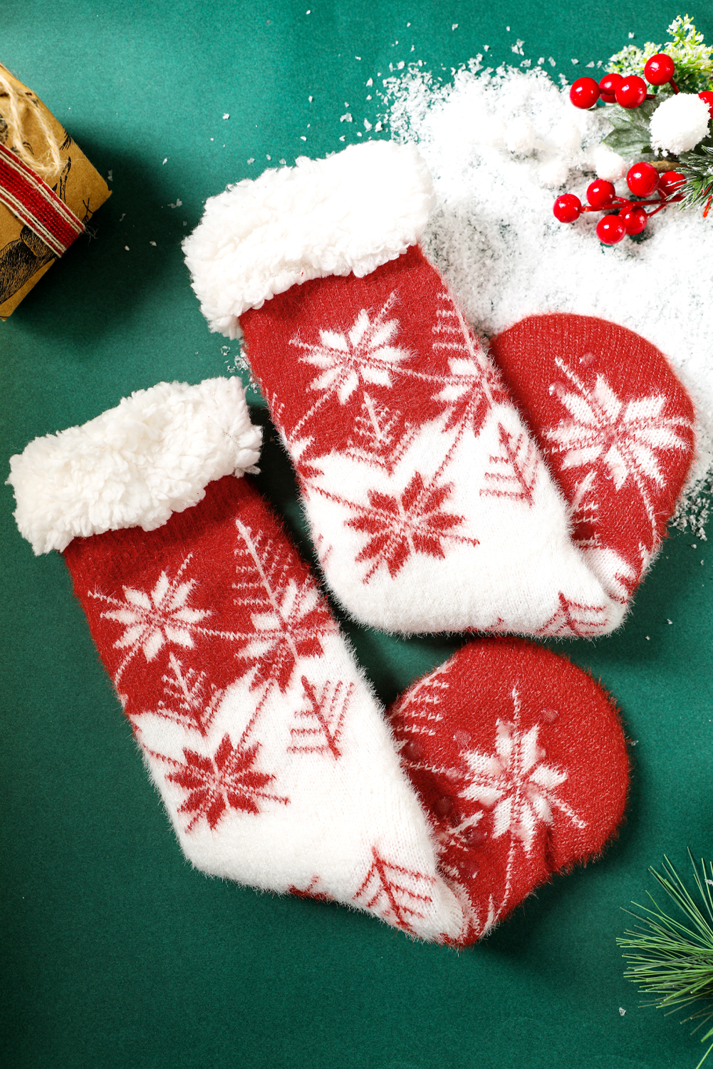 $5.02 Fiery Red Christmas Snowflake Fuzzy Non-Slip Socks Wholesale - Shewin