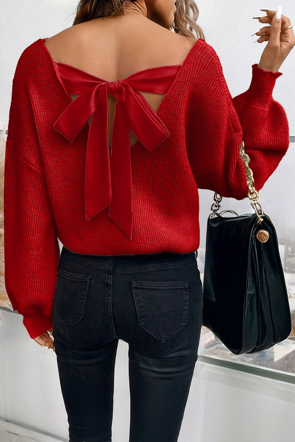 $19.82 Racing Red Lantern Sleeve V Neck Knot Back Sweater Wholesale ...