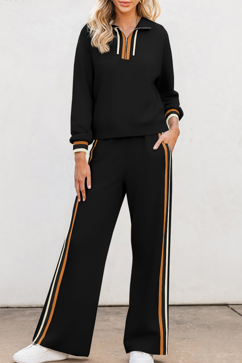 $28.24 Black Striped Patchwork Quarter Zip Pullover Loose Pants Set ...