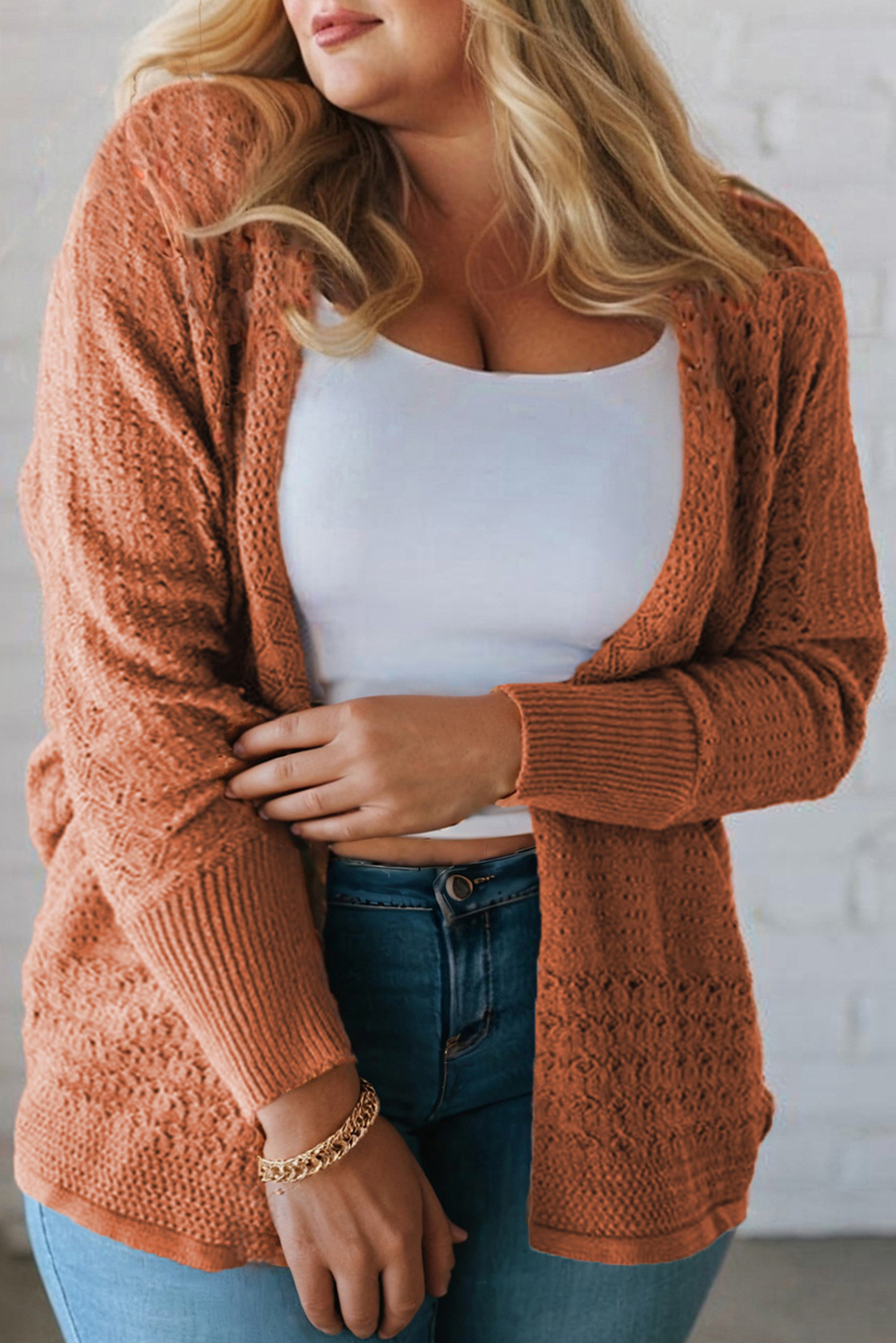$16.24 Redwood Burl Mixed Pattern Knitted Open Front Plus Size Cardigan ...