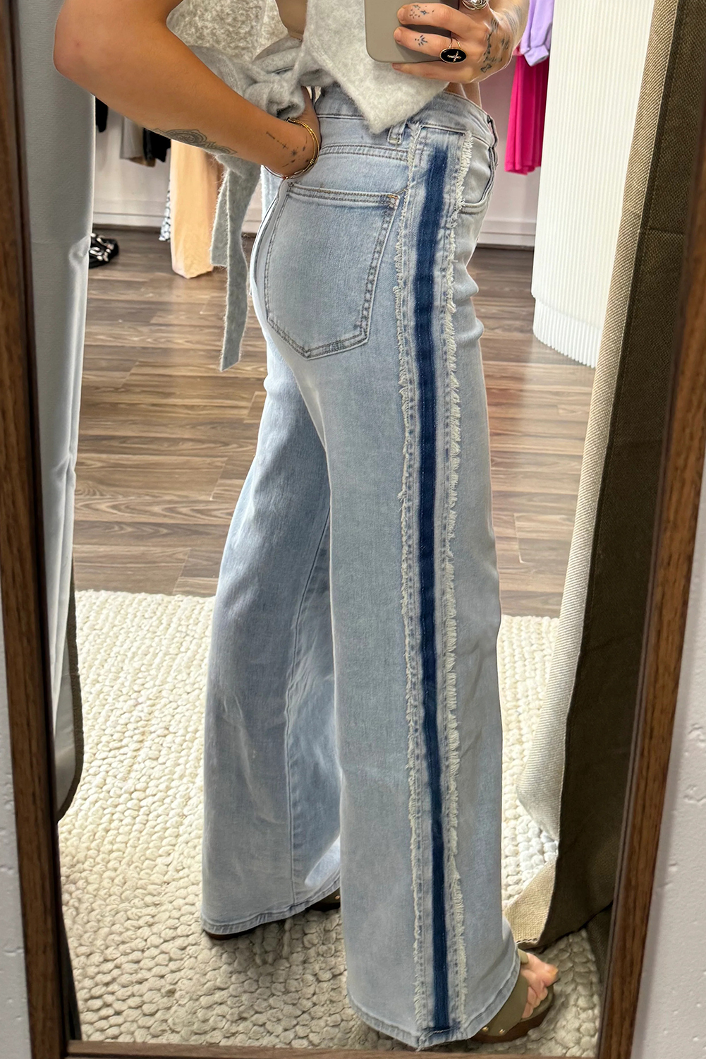 $19.99 Beau Blue Contrast Stripe Frayed Side Patchwork Jeans Wholesale ...