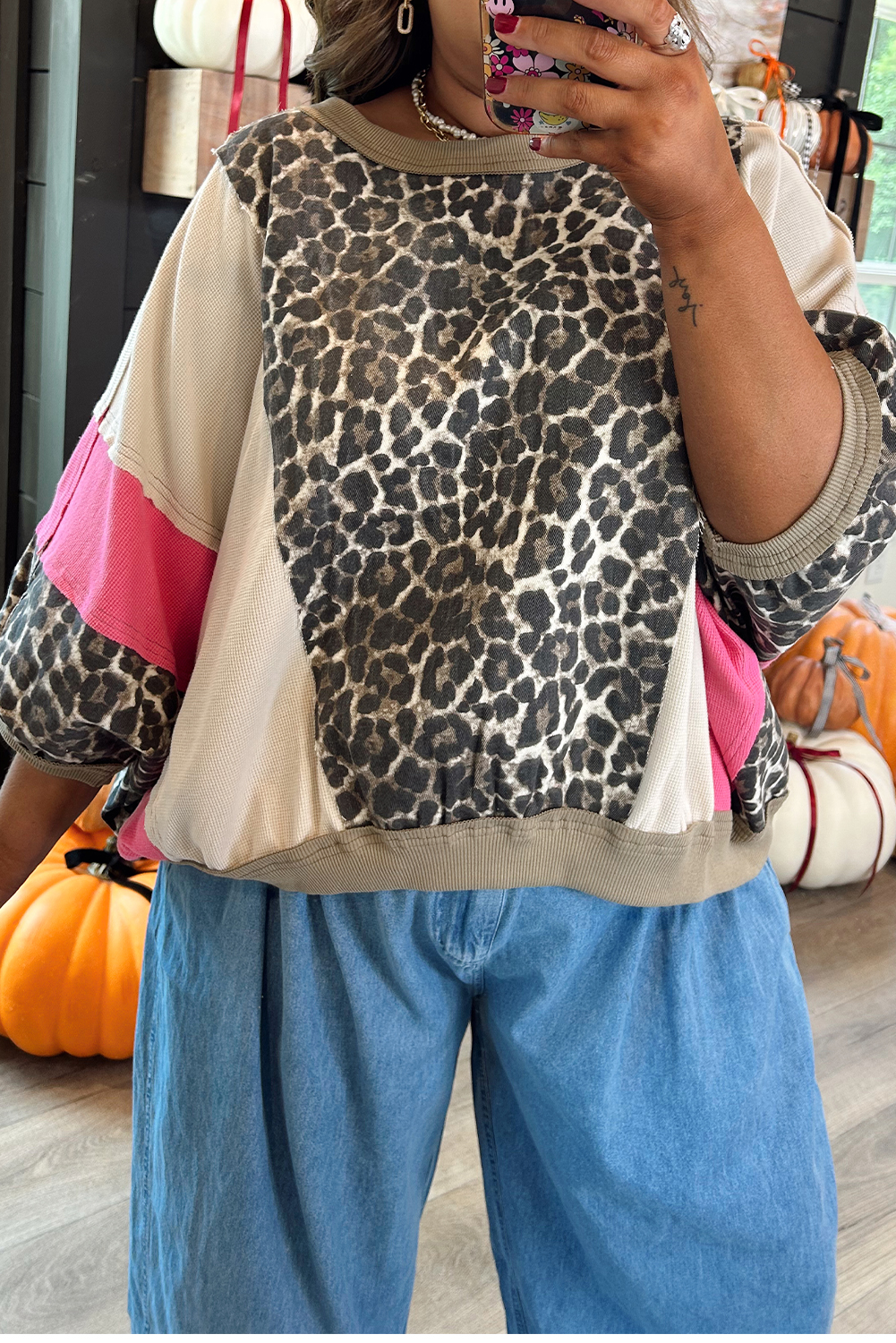 $15.3 Brown Leopard Print Color Block Patchwork 3/4 Sleeve Loose Top ...