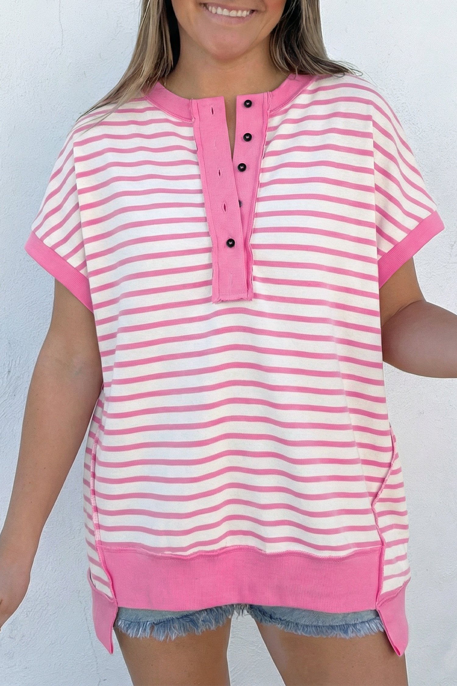 $11.59 Pink Stripe Half Placket High Low Short Sleeve Top Wholesale ...