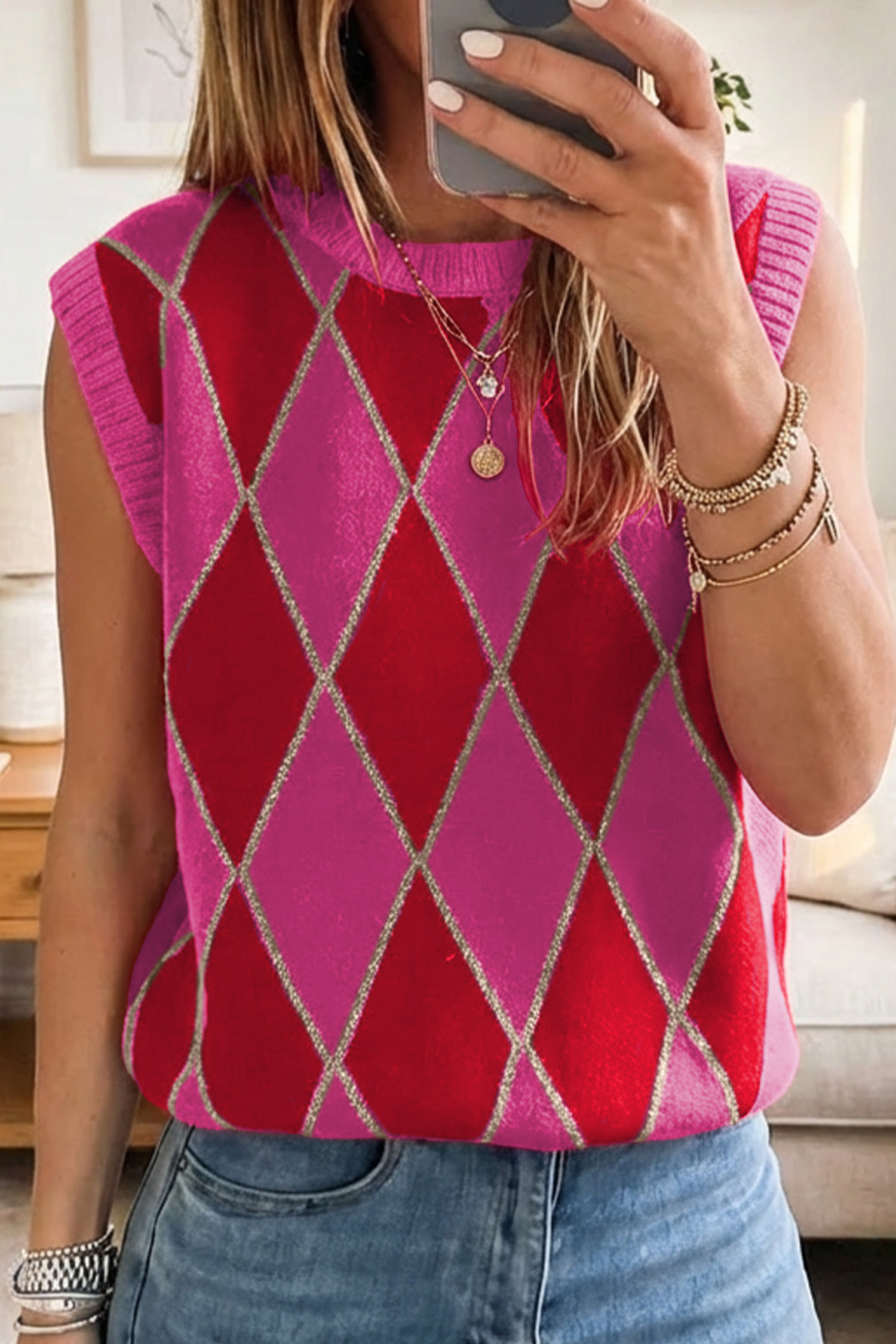 $15.02 Rose Glitter Trim Rhombus Pattern Knit Sweater Vest Wholesale ...